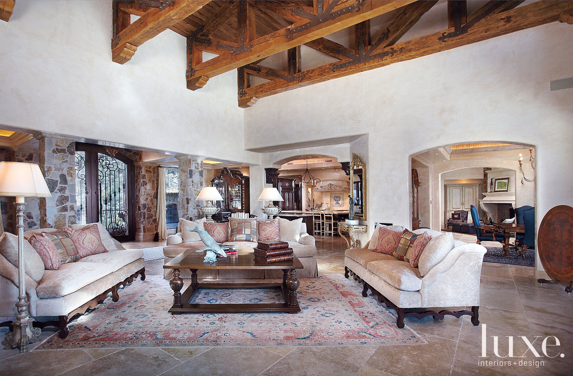 Traditional Cream Grand Room with Velour Sofas - Luxe Interiors + Design