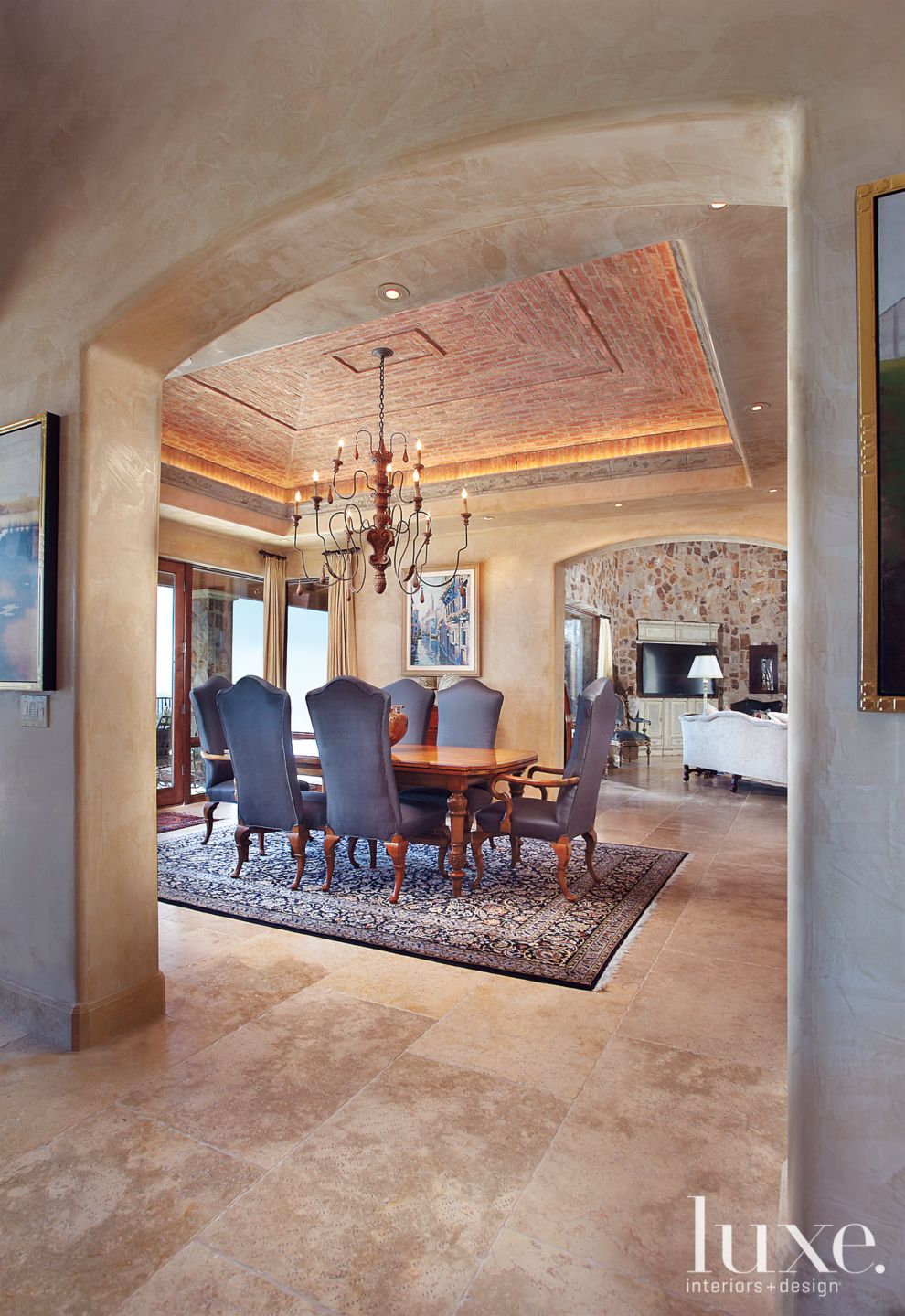 Traditional Cream Dining Room with Brick Ceiling - Luxe Interiors + Design