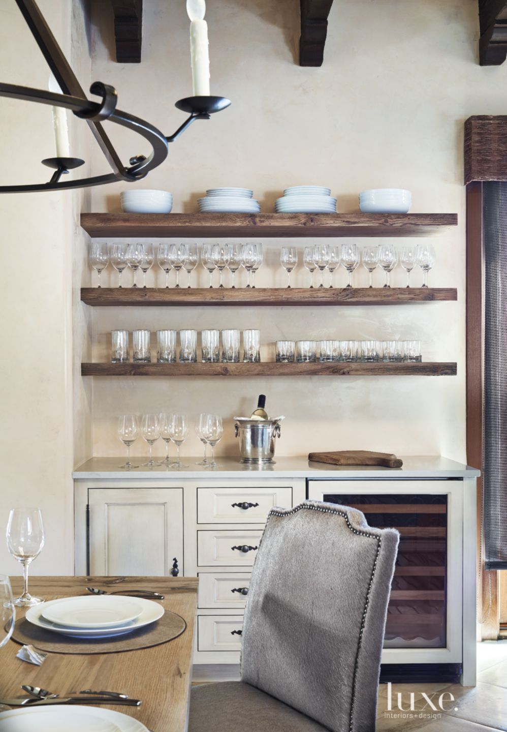 Mediterranean Cream Kitchen Open Shelves - Luxe Interiors + Design