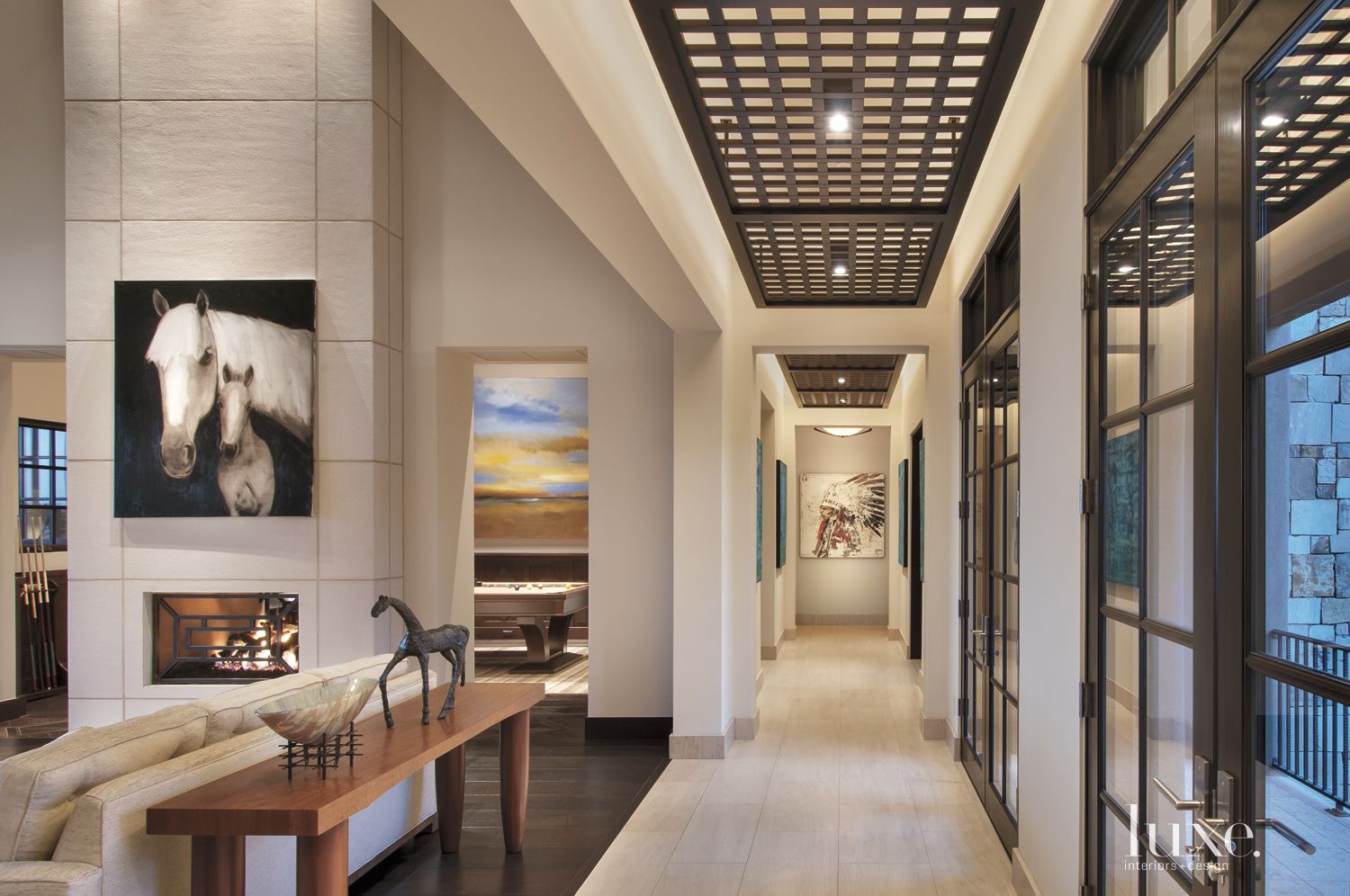 Contemporary Hallway with Grid Paneled Ceiling - Luxe Interiors + Design