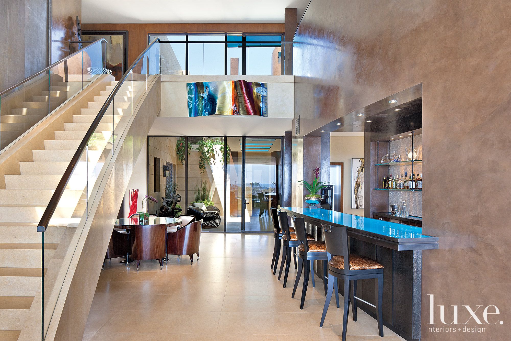 Modern Neutral Bar Area with Blue Bar - Luxe Interiors + Design