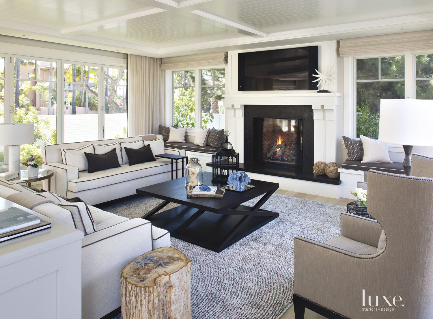 Contemporary White Living Room with Wool Rug - Luxe Interiors + Design