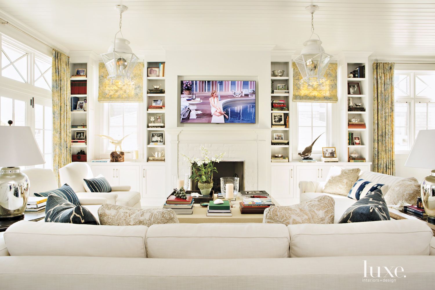 Contemporary Cream Living Room with Beadboard Ceiling - Luxe Interiors ...