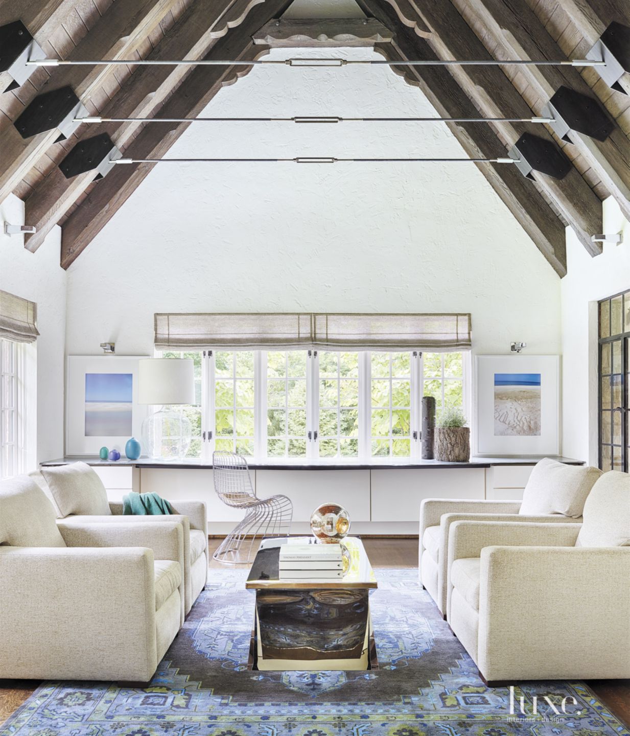 Transitional White Sitting Room with Vaulted Ceiling - Luxe Interiors ...