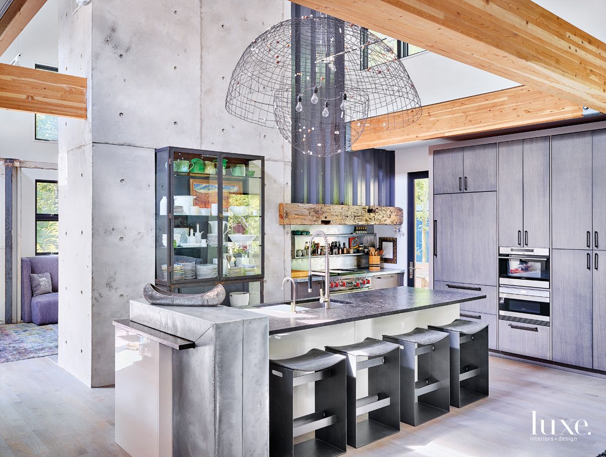 Modern White Kitchen with Corrugated-Steel Container Wall - Luxe ...