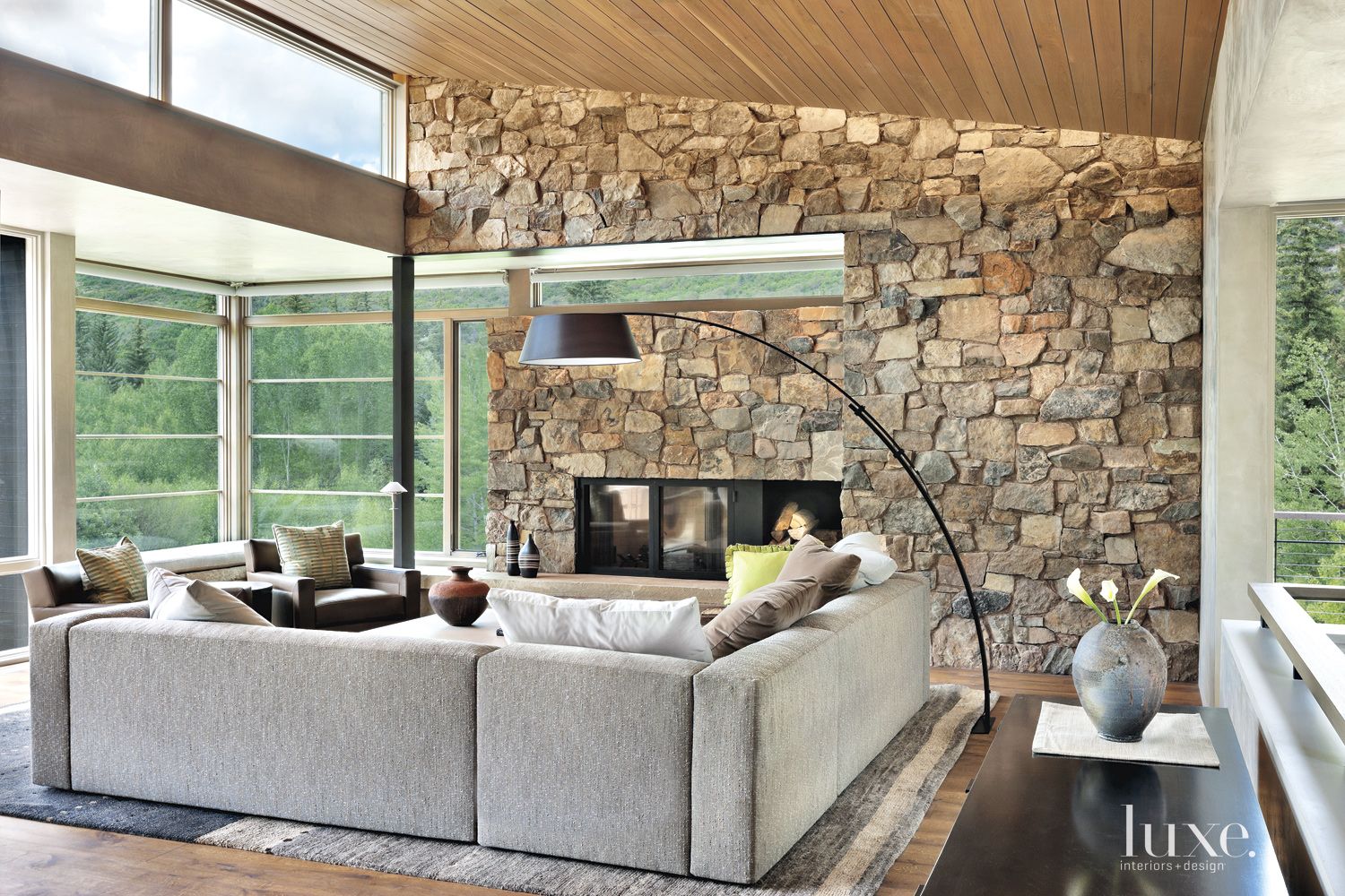 Contemporary Neutral Living Room with Stone Feature Wall - Luxe ...