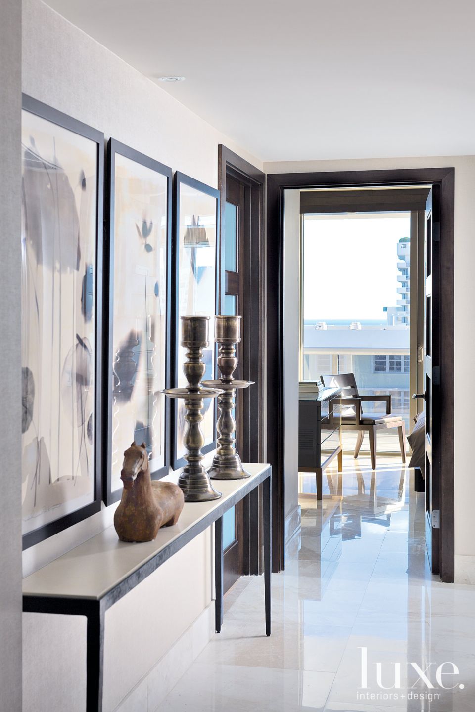 Contemporary Neutral Hall with Floral Triptych - Luxe Interiors + Design