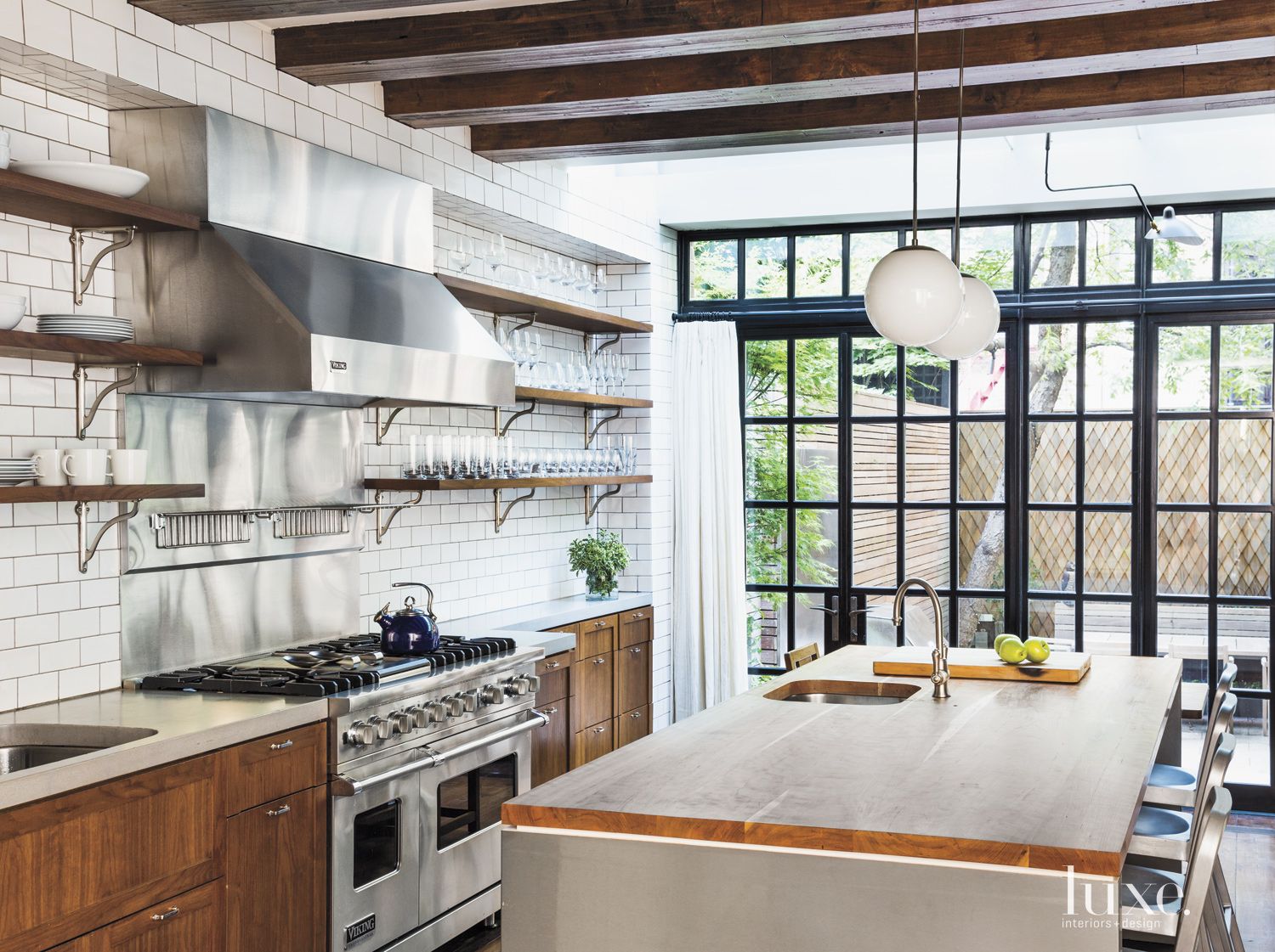 Eclectic White Kitchen with Concrete Counterop - Luxe Interiors + Design