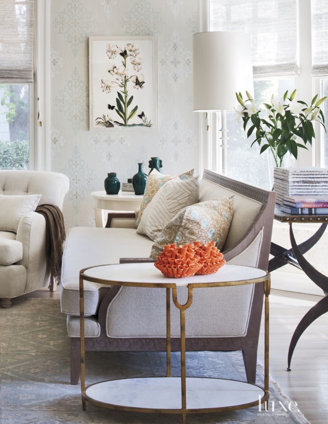 Contemporary Pale Green Living Room - Luxe Interiors + Design