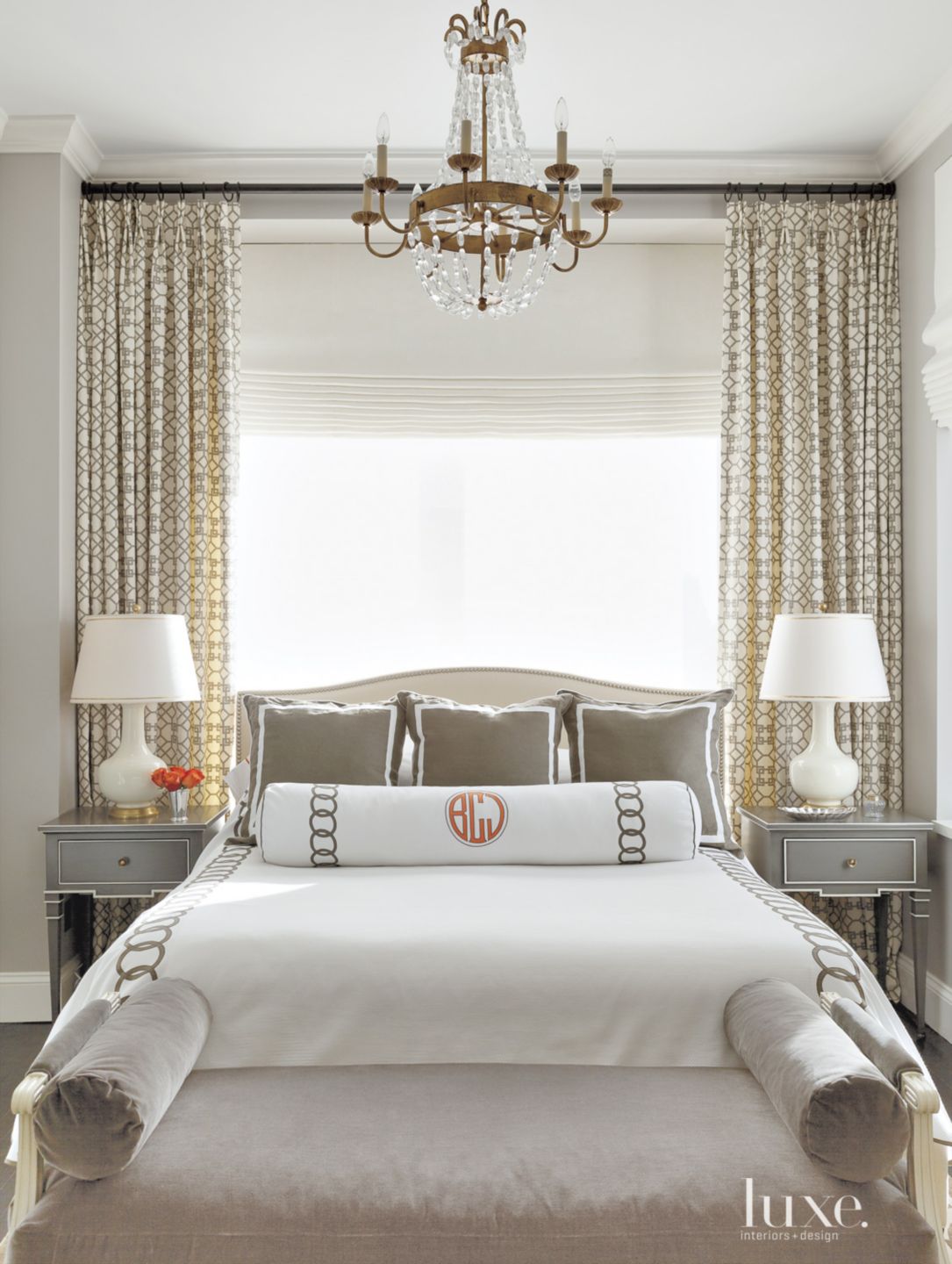 Eclectic Neutral Bedroom with Gray Bedside Tables - Luxe Interiors + Design