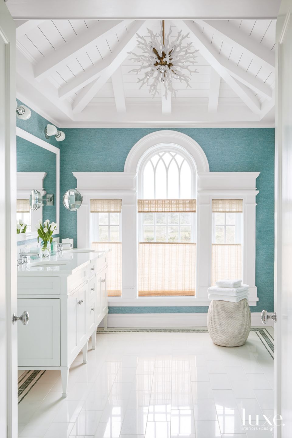 Contemporary Turquoise Bathroom with Coral-Like Chandelier - Luxe ...