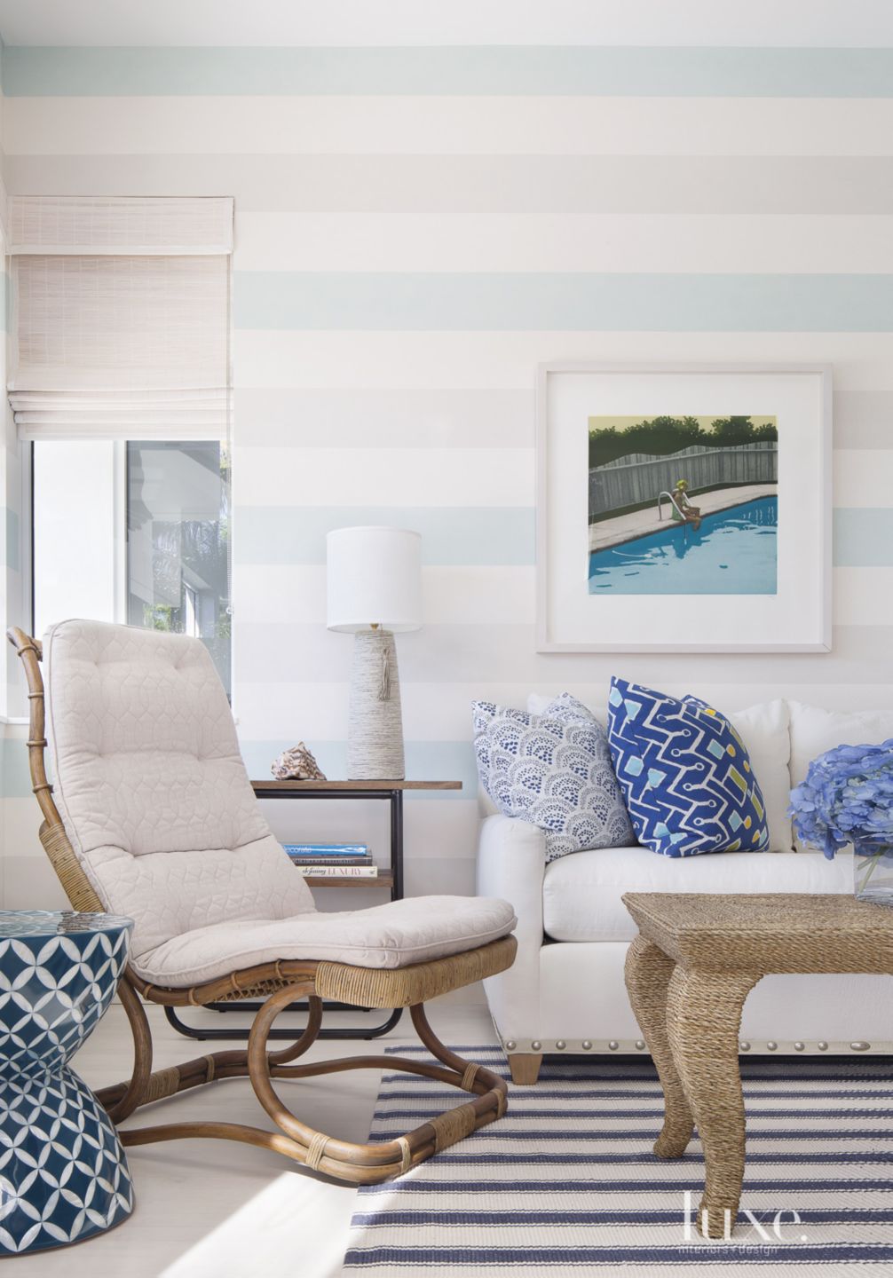 Eclectic Blue Striped Office Seating Vignette - Luxe Interiors + Design