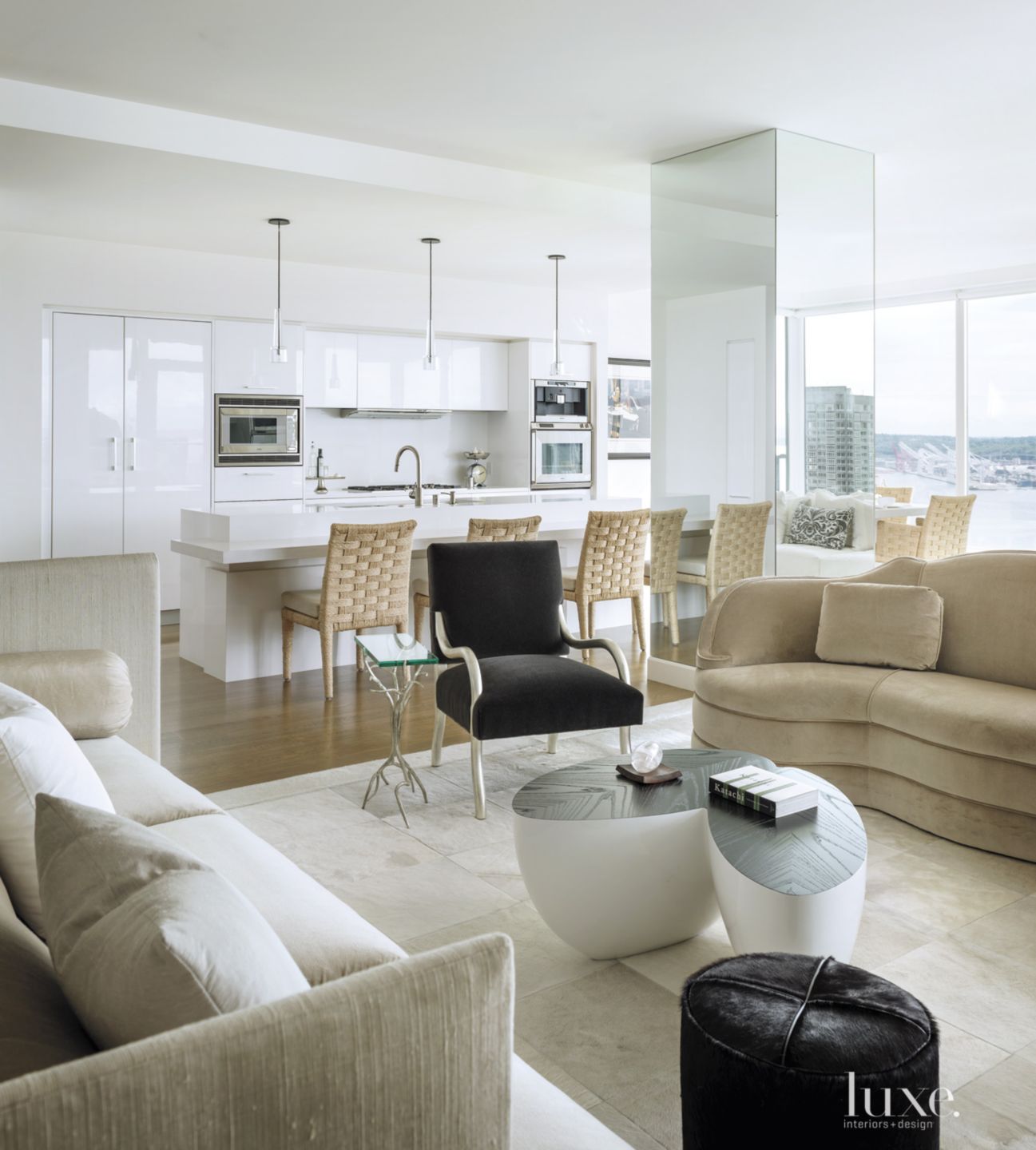 Modern White Open Plan Living Room - Luxe Interiors + Design