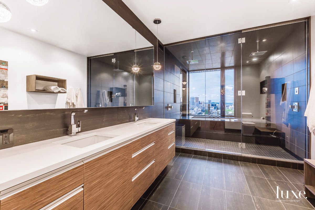 White Modern Master Bathroom with Floating Vanity - Luxe Interiors + Design