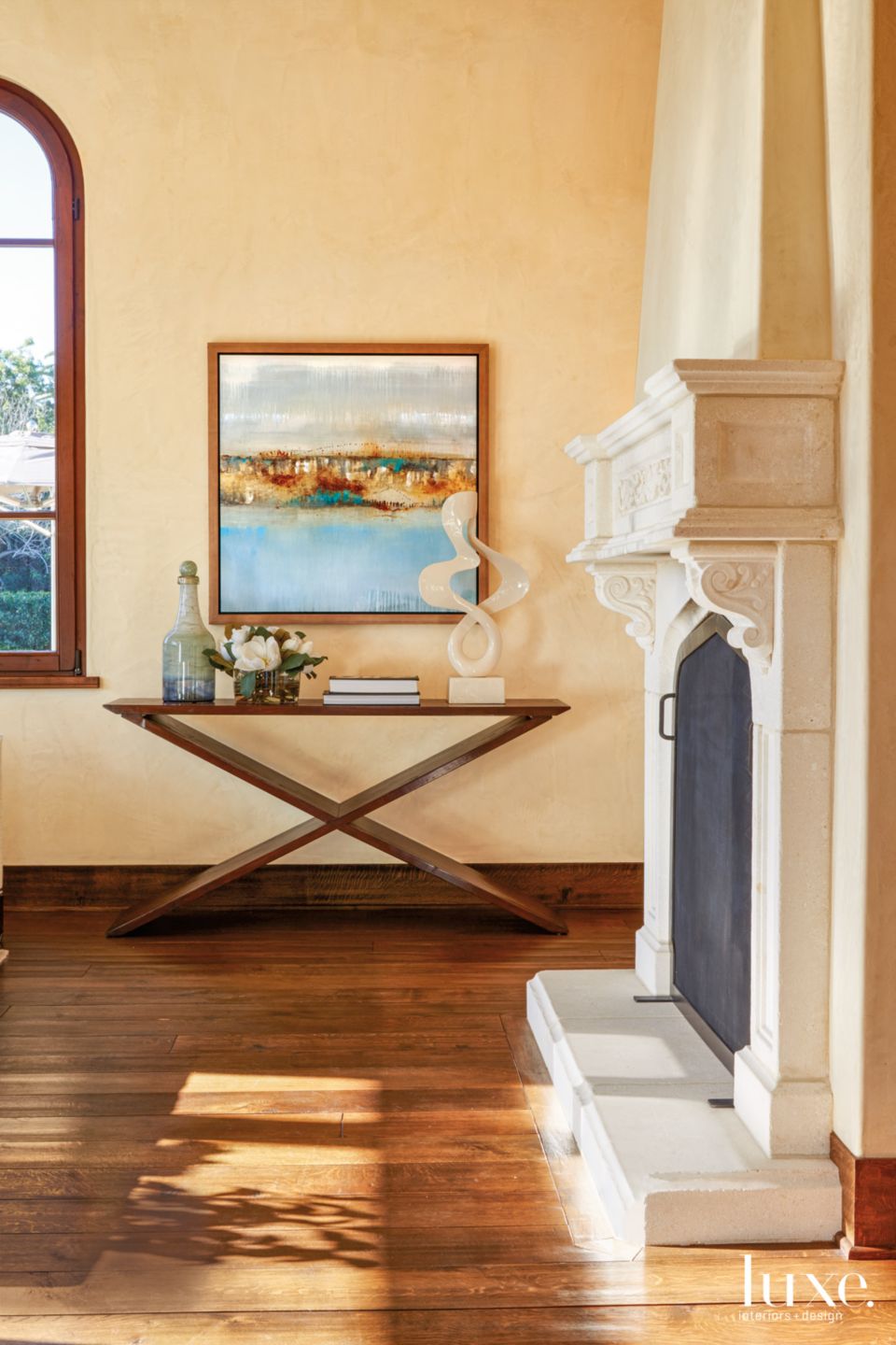 Transitional Neutral Living Room Vignette with Reclaimed Wood Console ...
