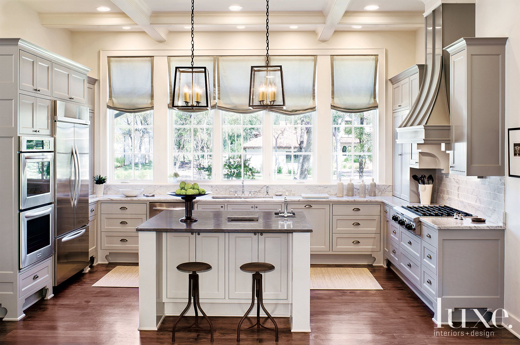 Contemporary White Kitchen with French Windows - Luxe Interiors + Design