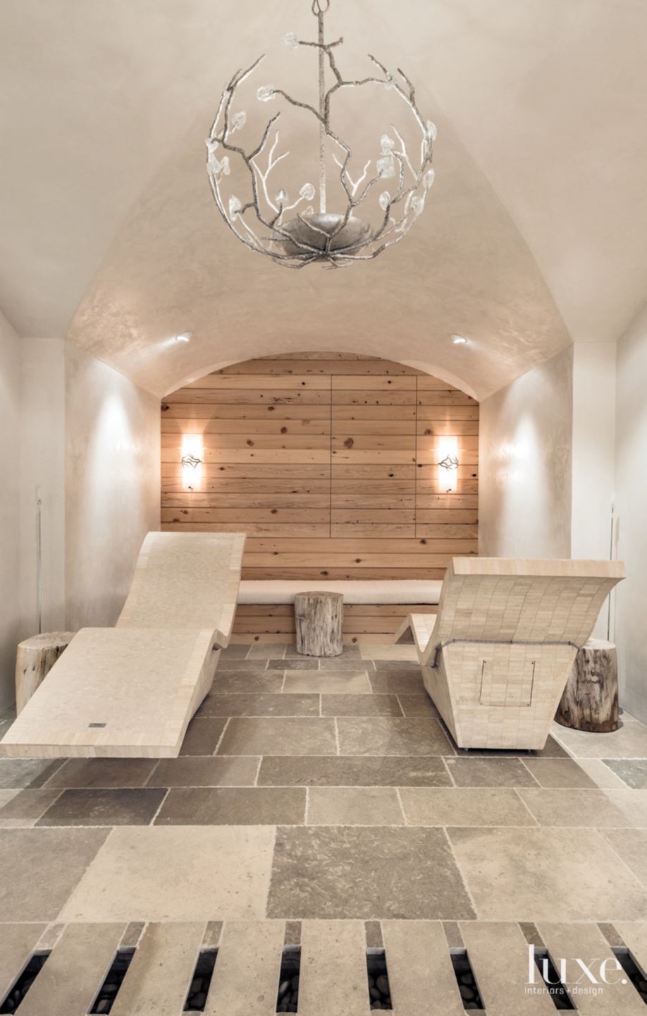 Mountain Neutral Spa with Heated Loungers - Luxe Interiors + Design
