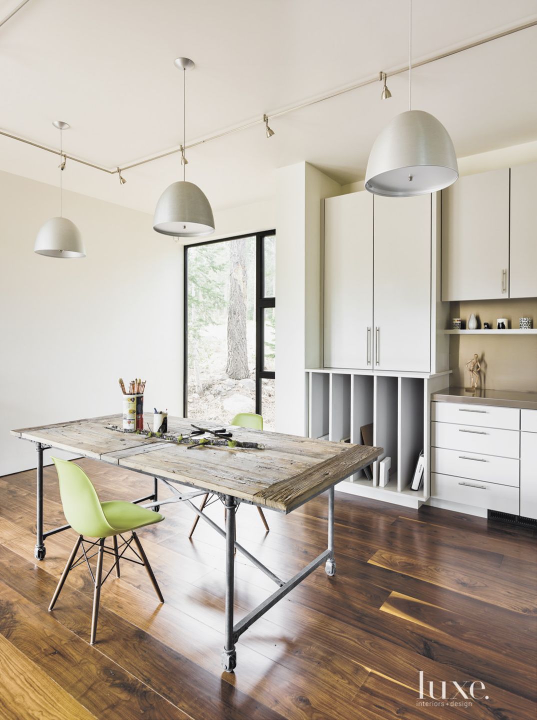 Contemporary Neutral Art Studio with Green Chairs - Luxe Interiors + Design
