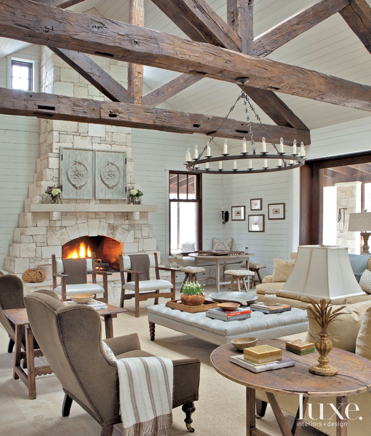 Neutral Transitional Living Room with Stone Fireplace - Luxe Interiors ...